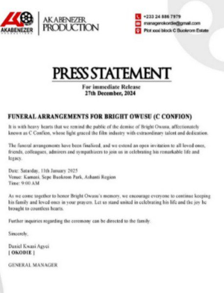 The funeral date for Kumawod actor C Confion has been announced.