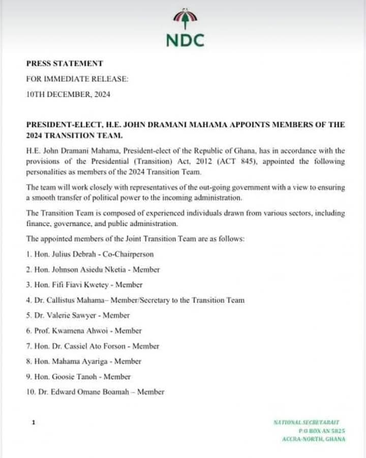 John Mahama names transition team to oversee smooth power handover.