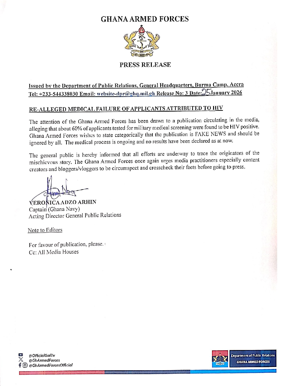 Ghana Armed Forces Denies Fake HIV Claims