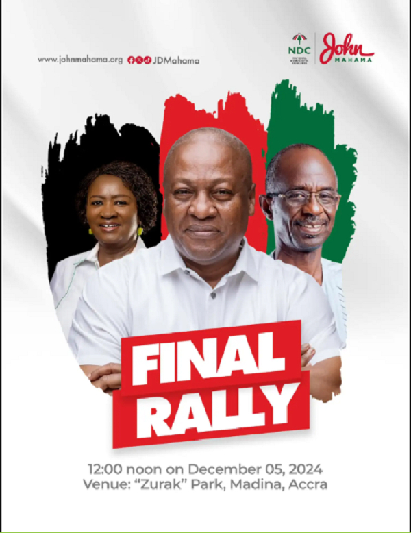The NDC will hold a rally in Accra to wrap up its 2024 campaign.
