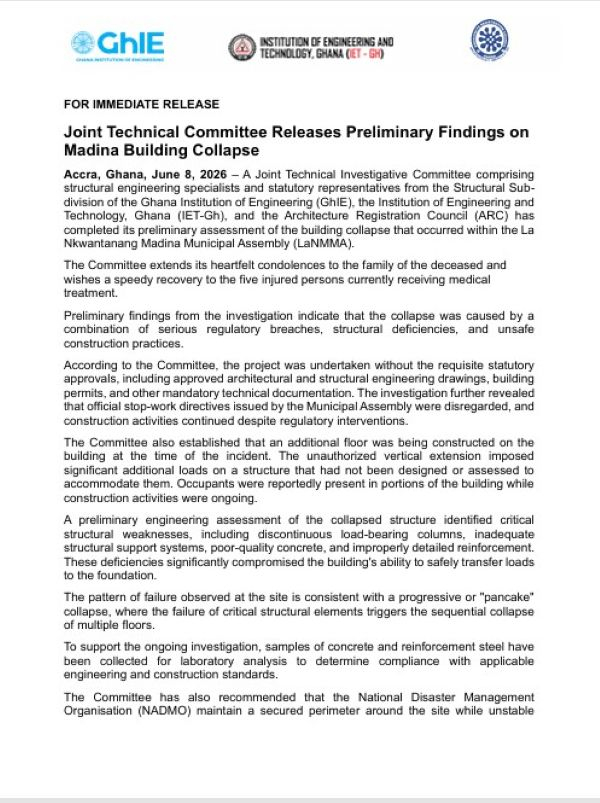Joint Committee identifies cause of Madina building collapse