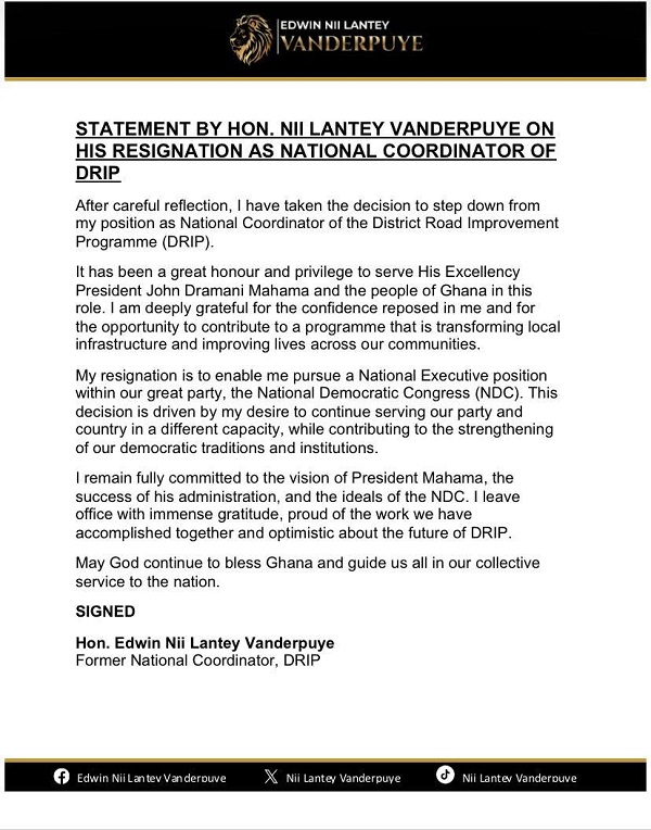 Nii Lantey Vanderpuye resigns as DRIP National Coordinator