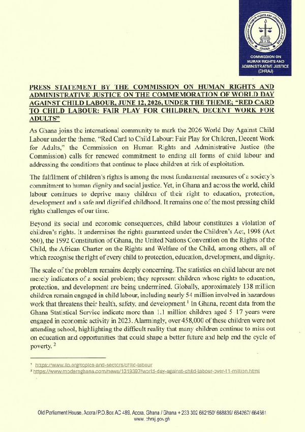 Child Labour: CHRAJ flags over 1.1 million children in economic activity