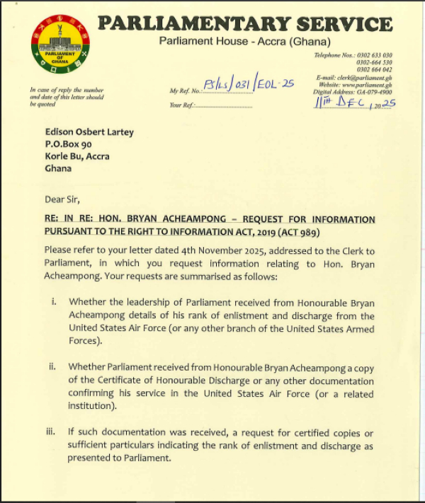 Parliament denies knowledge of Bryan Acheampong's enlistment and ...